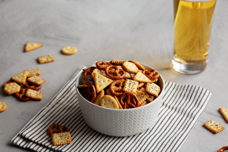 Homemade Cracker Snack Mix with Pretzels in a Bowl, Side View Stock ...