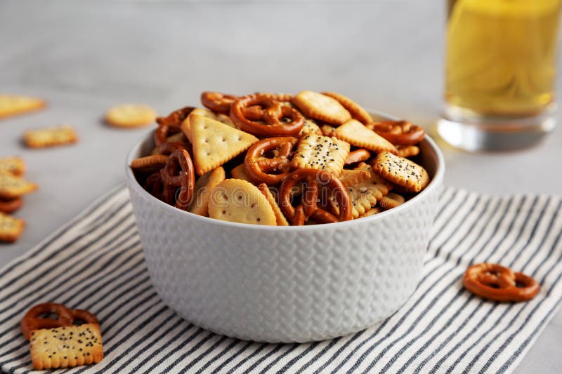 Homemade Cracker Snack Mix with Pretzels in a Bowl, Side View Stock ...