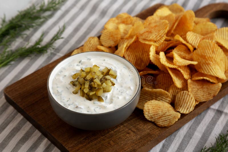 Homemade Creamy Pickle Dip with Potato Chips, Side View Stock Image ...