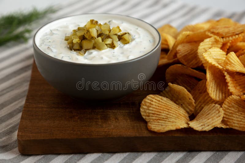 Homemade Creamy Pickle Dip with Potato Chips, Side View Stock Image ...