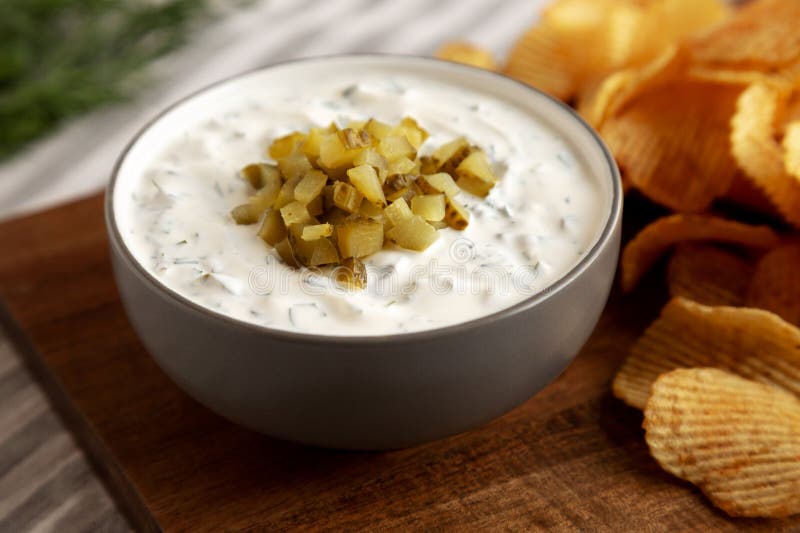 Homemade Creamy Pickle Dip with Potato Chips, Side View. Close-up Stock ...