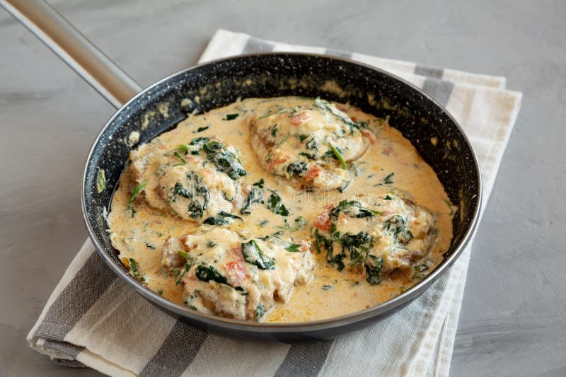 Homemade Creamy Tuscan Chicken with Spinach in a Pan, Side View Stock ...