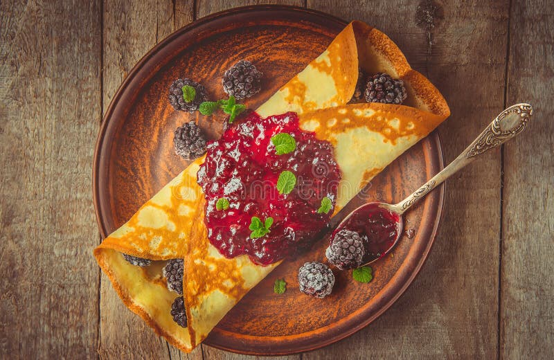 Homemade crepes with jam. stock photo. Image of honey - 108720844