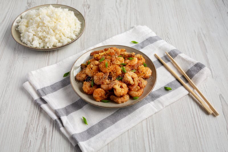 Homemade Crispy Salt and Pepper Shrimp with White Rice, Side View Stock ...