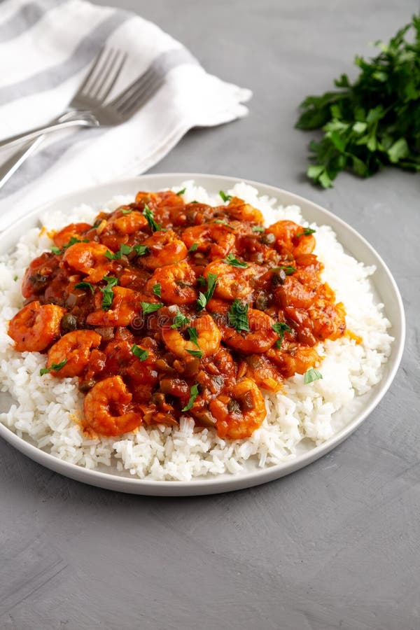 Homemade Cuban Shrimp Creole on a Plate on a Gray Surface, Side View ...
