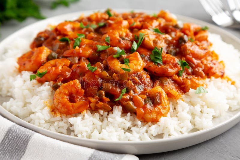 Homemade Cuban Shrimp Creole on a Plate on a Gray Surface, Side View ...