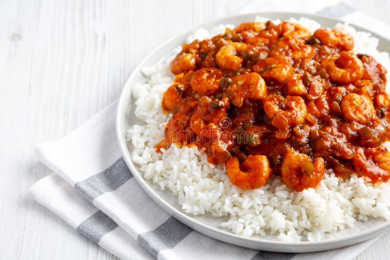 Homemade Cuban Shrimp Creole on a Plate, Side View. Copy Space Stock ...