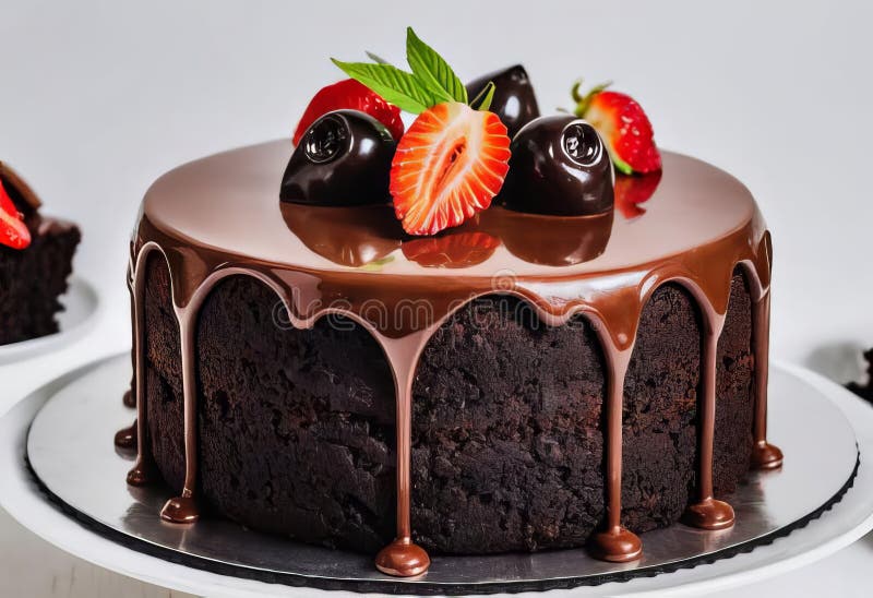 A Homemade Dark Chocolate Cake with Chocolate Decorations on a White ...