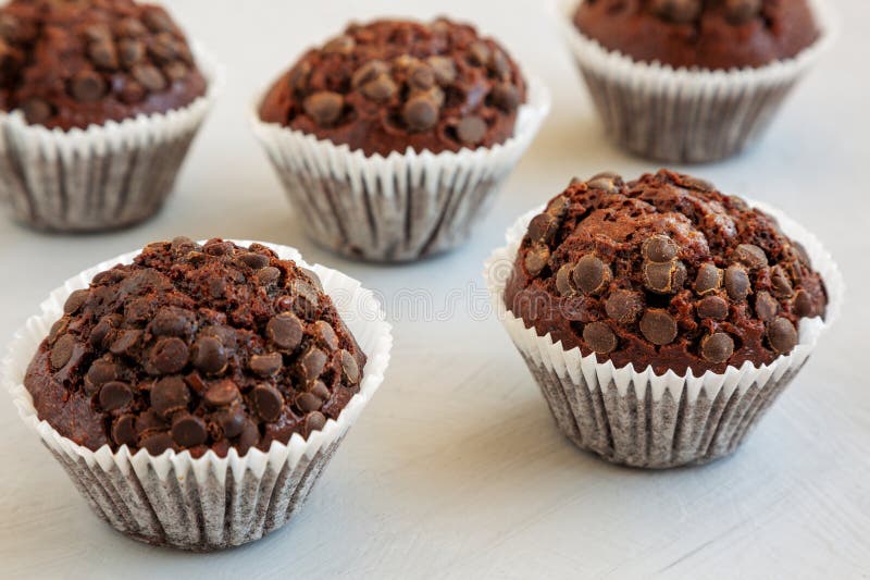 Homemade Dark Chocolate Muffins on a Gray Background, Side View. Copy ...