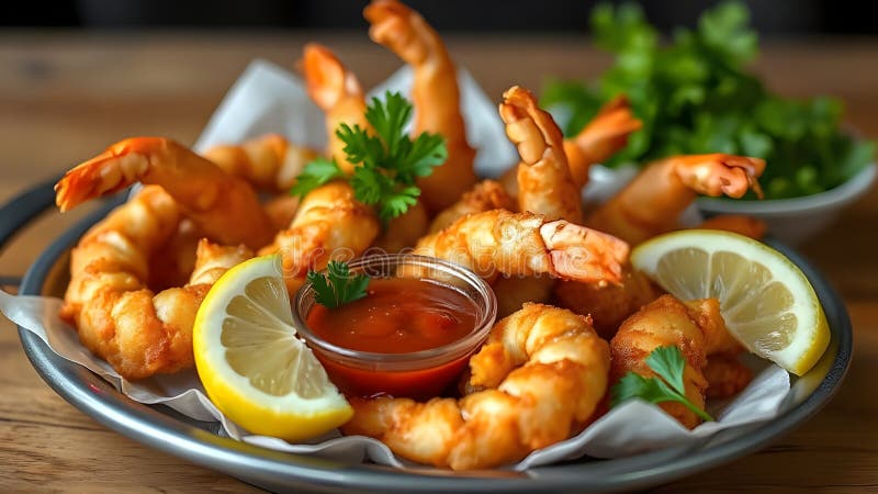Homemade Deep Fried Shrimp Platter with Cocktail Sauce Stock ...