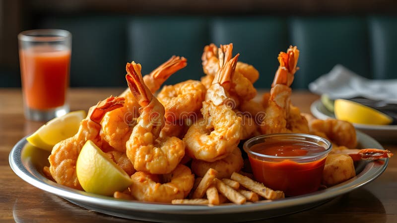 Homemade Deep Fried Shrimp Platter with Cocktail Sauce Stock ...