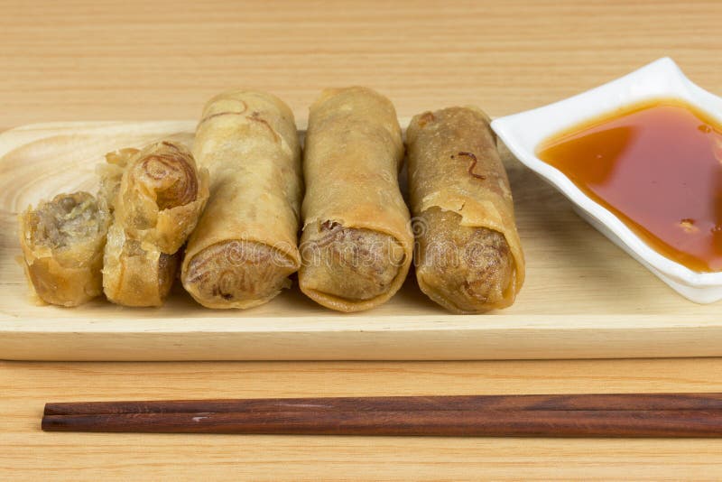 Homemade Deep Fried Spring Rolls on a Plate with Sauce Stock Image ...