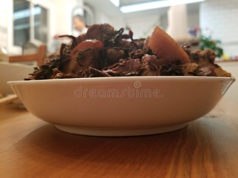 Delicious Braised Beef Meat And Rice In White Bowls With Stylish Napkin ...