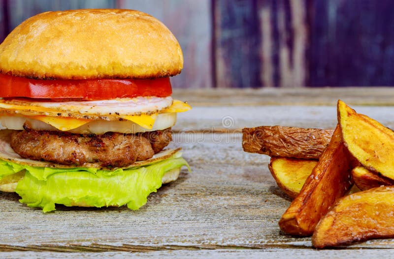 Homemade Double Cheese Burger And French Fries Stock Image Image Of