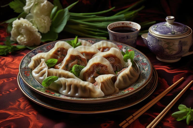 Homemade Dumplings on Decorative Plate Stock Illustration ...