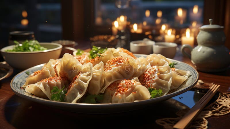 Homemade Dumplings Kitchen Table Subtle Christmas Decorations on Blurry ...
