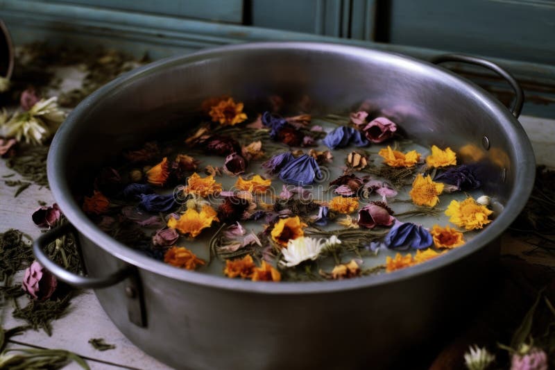Homemade Dye Bath with Flowers and Leaves Stock Image - Image of ...