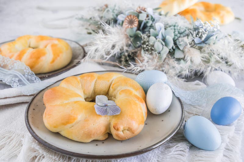 Homemade Easter Buns on a Table Decorated for Easter Brunch or ...