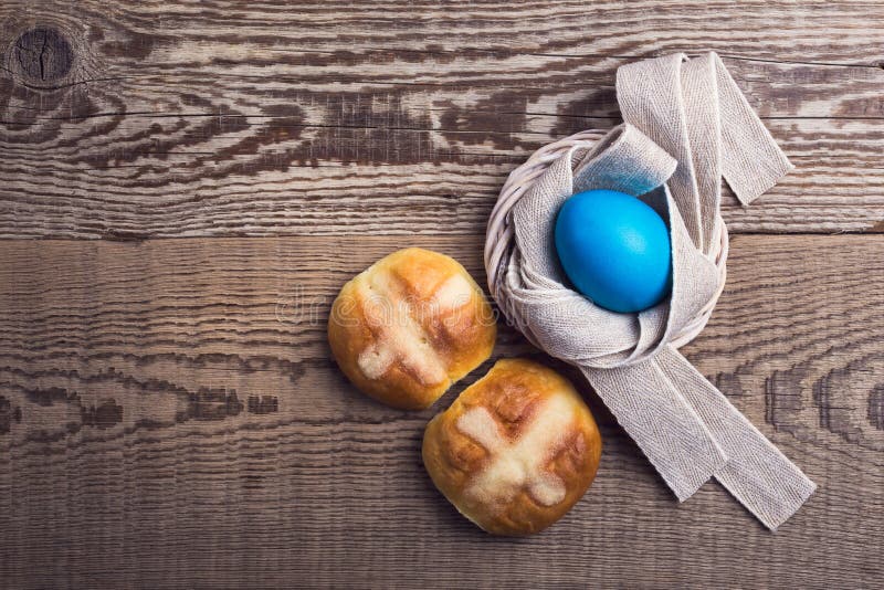 Homemade Easter Hot Cross Buns And Egg, Top View Stock Image - Image of ...