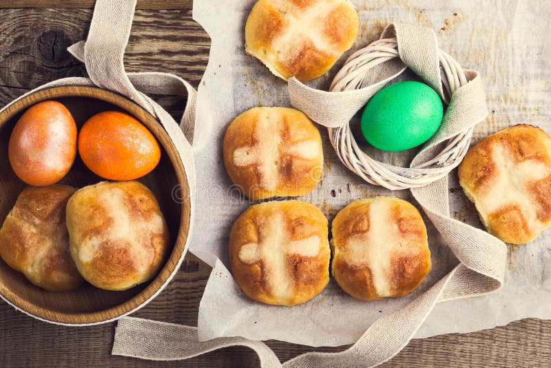 Homemade Easter Hot Cross Buns and Eggs, Top View Stock Image - Image ...