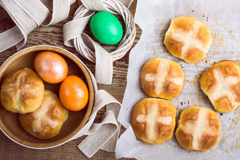 Homemade Easter Traditional Hot Cross Buns. Brush Syrup Over the Stock ...