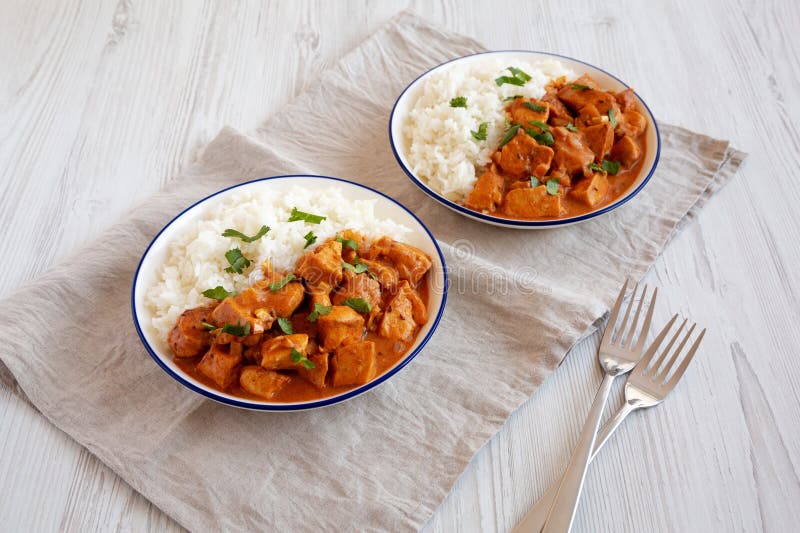 Homemade Easy Indian Butter Chicken with Rice, Side View Stock Photo ...