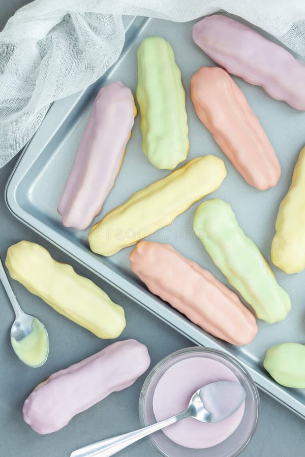 Homemade Eclairs Pastel Color Icing Baking Sheet Stock Photos - Free ...