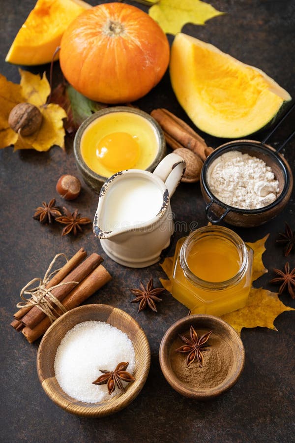 Homemade Fall Baking Background with Ingredients Pumpkins, Sugar, Flour ...