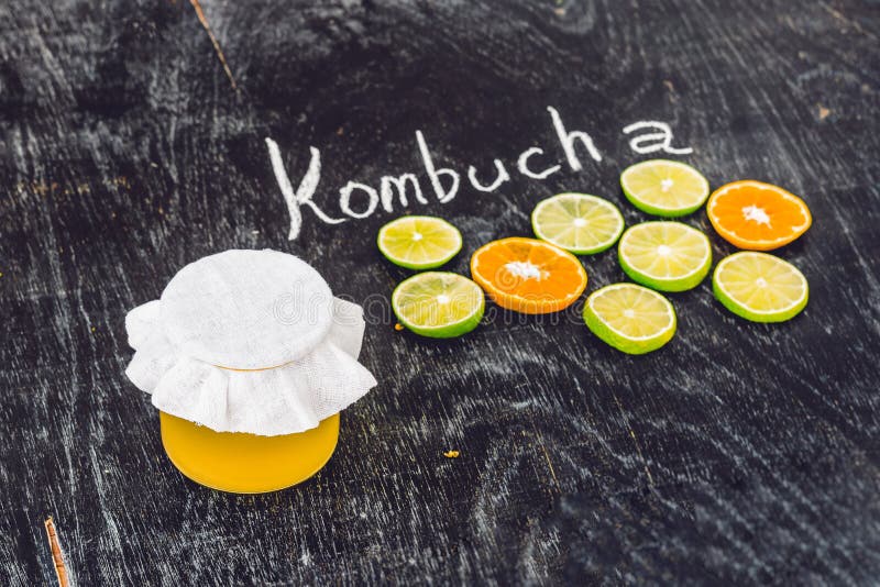Homemade Fermented Raw Kombucha Tea Ready To Drink With Orange And Lime