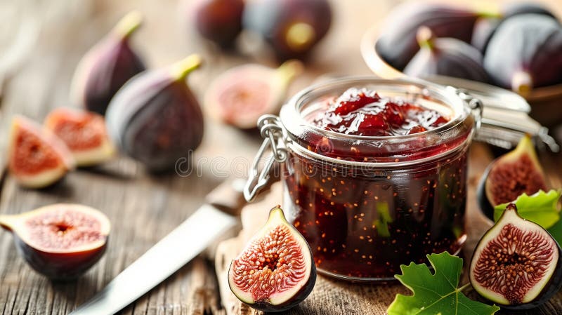 Homemade Fig Jam in a Jar, Surrounded by Fresh Figs in a Rustic Kitchen Setting. Gourmet and ...