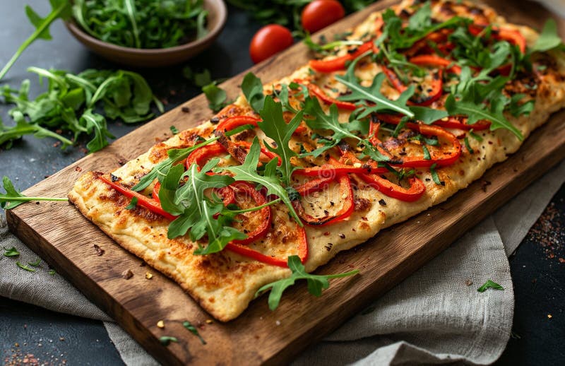 Homemade Flatbread Pizza with Tomato and Arugula Stock Photo - Image of ...