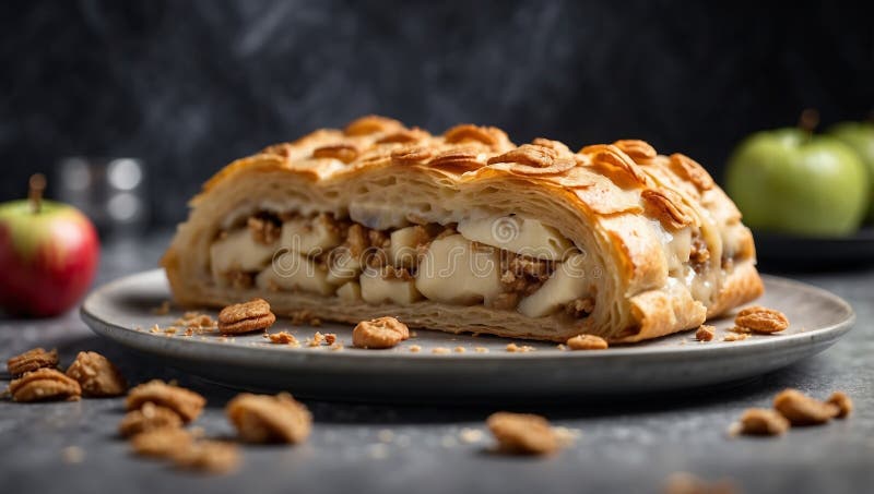 Homemade Flavored Apple Strudel in a Plate on a Gray Concrete ...