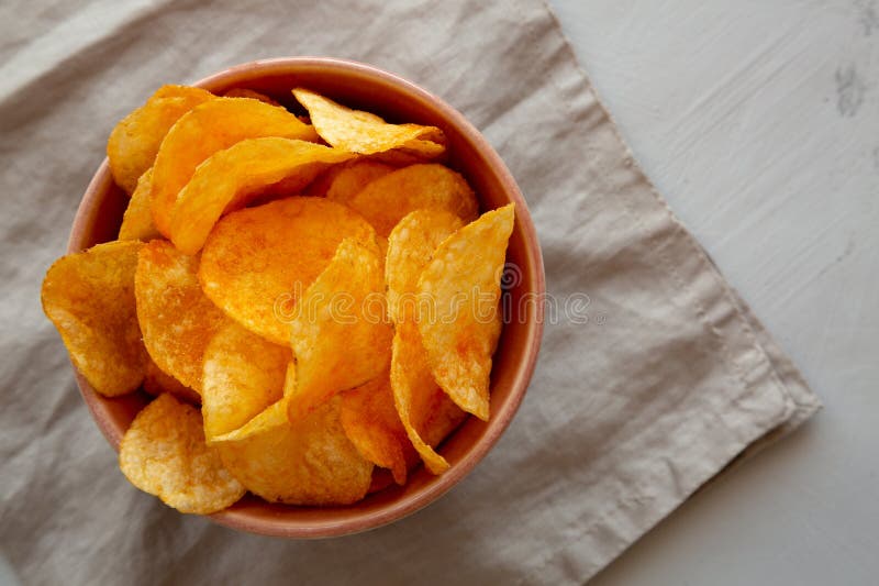 Homemade Flavored Cheese Potato Chips in a Bowl, Top View Stock Image ...