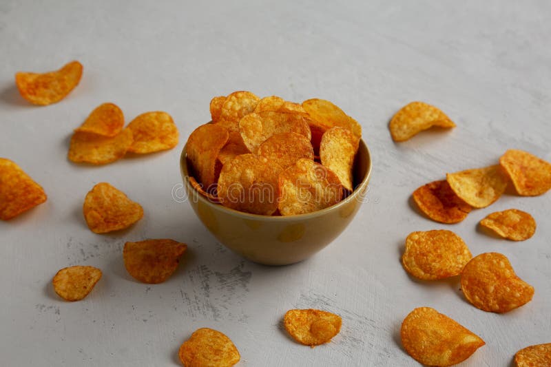 Homemade Flavored Paprika Potato Chips in a Bowl, Side View Stock Image ...