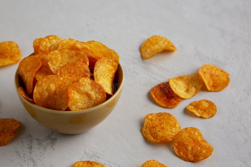 Homemade Flavored Paprika Potato Chips in a Bowl, Side View Stock Image ...