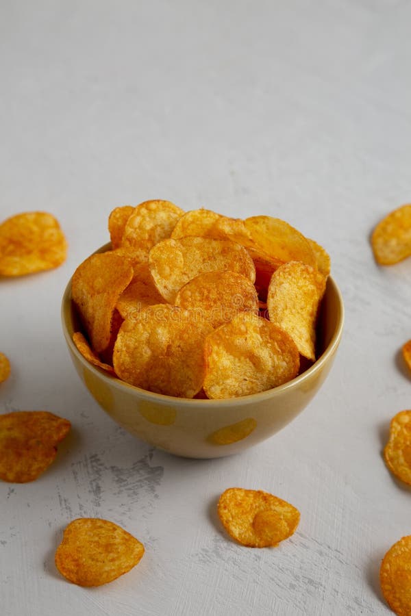 Homemade Flavored Paprika Potato Chips in a Bowl, Side View Stock Image ...
