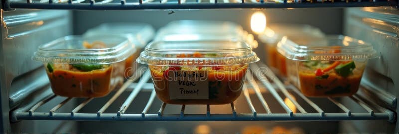 Homemade Food Containers in Refrigerator with Bright Light Stock Image ...