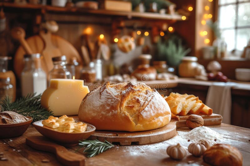Homemade Fresh and Big Loaf of Bread and Ingredients in Cozy Rustic ...
