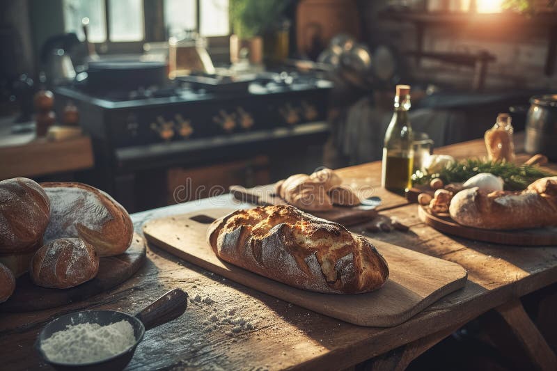 Homemade Fresh and Big Loaf of Bread and Ingredients in Cozy Rustic ...