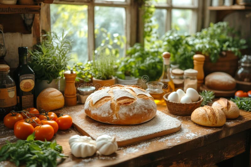 Homemade Fresh and Big Loaf of Bread and Ingredients in Cozy Rustic ...