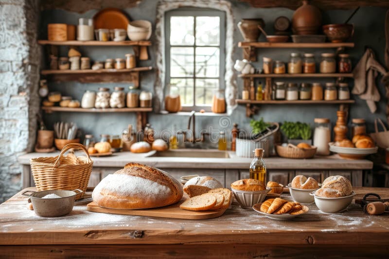 Homemade Fresh and Big Loaf of Bread and Ingredients in Cozy Rustic ...