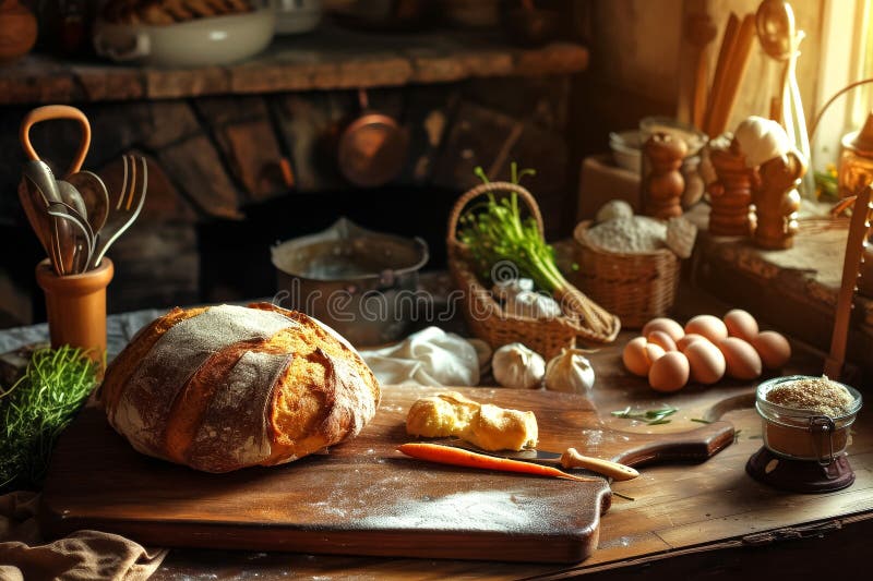Homemade Fresh and Big Loaf of Bread and Ingredients in Cozy Rustic ...