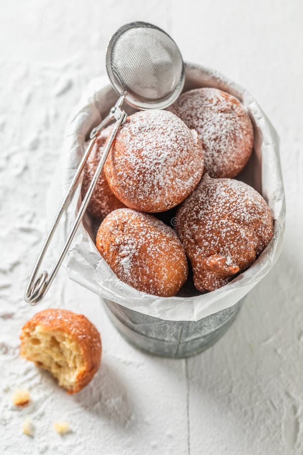 Homemade and Fresh Mini Doughnuts with Powdered Sugar Stock Image ...
