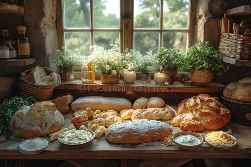 Homemade Freshly Baked Sourdough Bread and Pastries on a Rustic Cozy ...