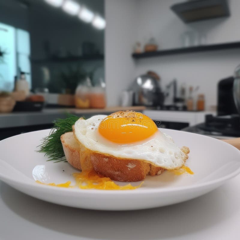 Homemade Fried Eggs on a White Plate in a White Kitchen. Generative AI ...