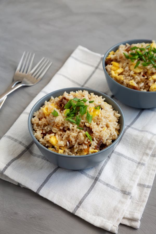 Homemade Fried Rice with Bacon and Egg in a Bowl, Side View Stock Image ...