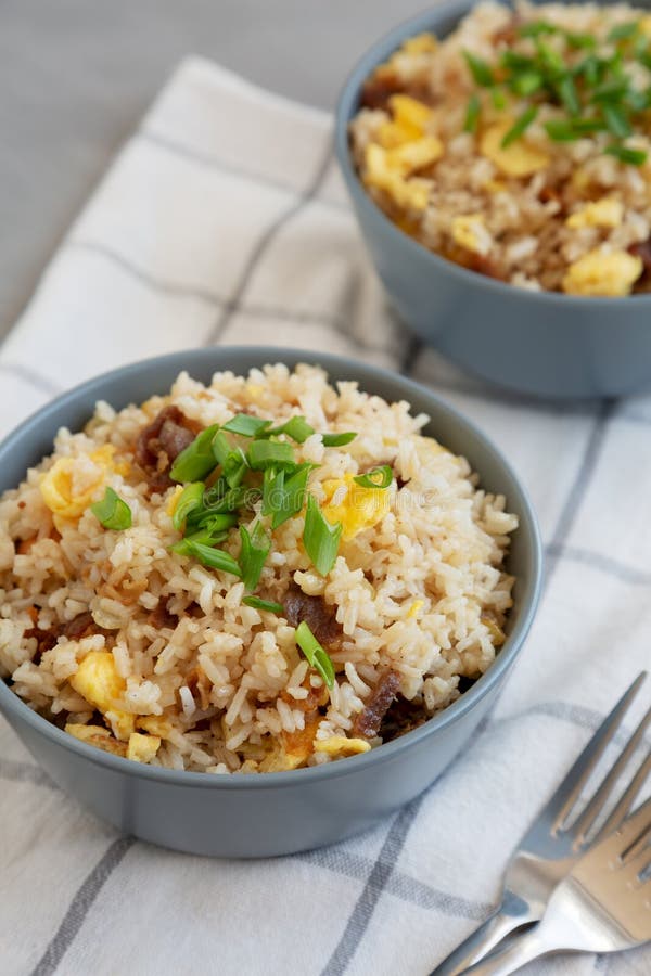 Homemade Fried Rice with Bacon and Egg in a Bowl, Side View Stock Photo ...