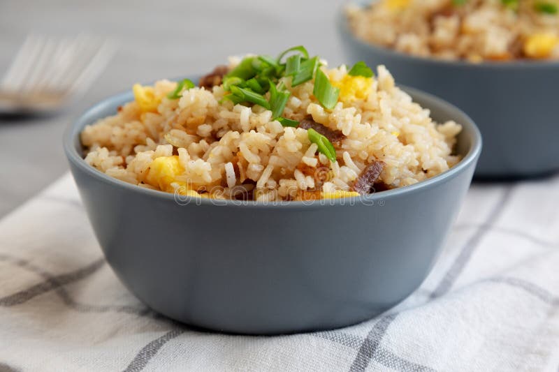 Homemade Fried Rice with Bacon and Egg in a Bowl, Side View Stock Photo ...