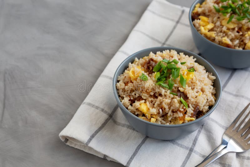 Homemade Fried Rice with Bacon and Egg in a Bowl, Side View. Space for ...