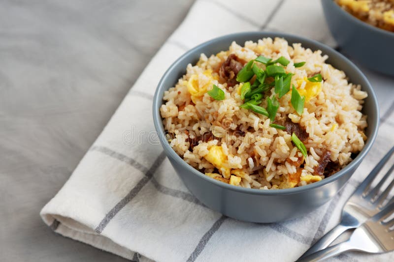 Homemade Fried Rice with Bacon and Egg in a Bowl, Side View. Space for ...